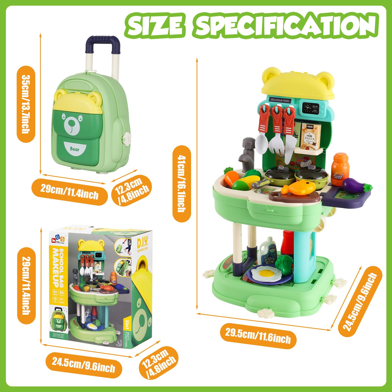 Kitchen Playset, 3 in 1 Kitchen Pretend Play Toys for Toddlers, 34 PCS Realistic Cooking Accessories for Girls Boys Age 3 4 5 6 7