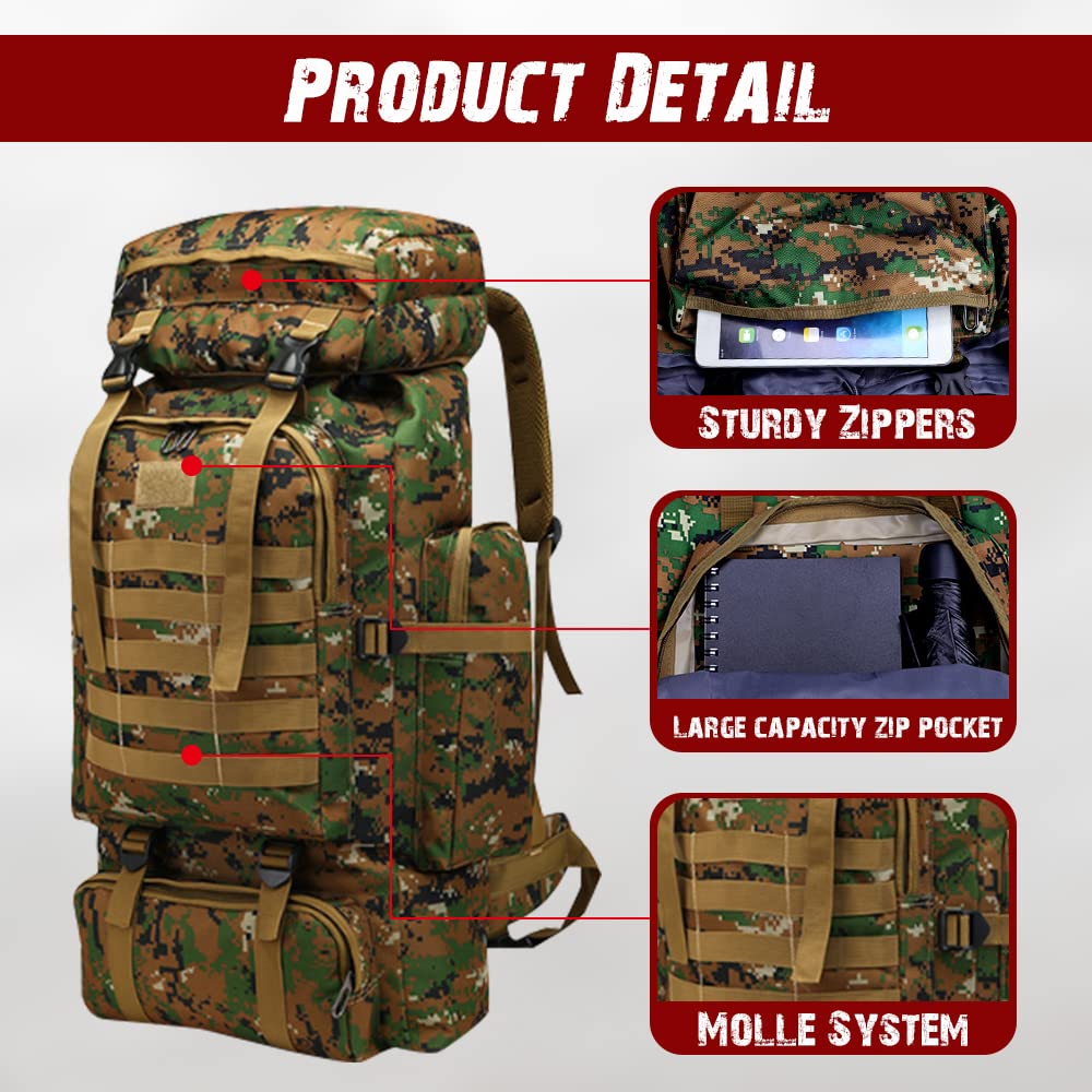 ÖSSZEFUT 70L 80L Tactical Backpack Waterproof For Men Hiking Camping Military Backpacking Backpack Tactical Rucksack Travel Hunting Survival Waterproof Large Backpack (Camouflage)