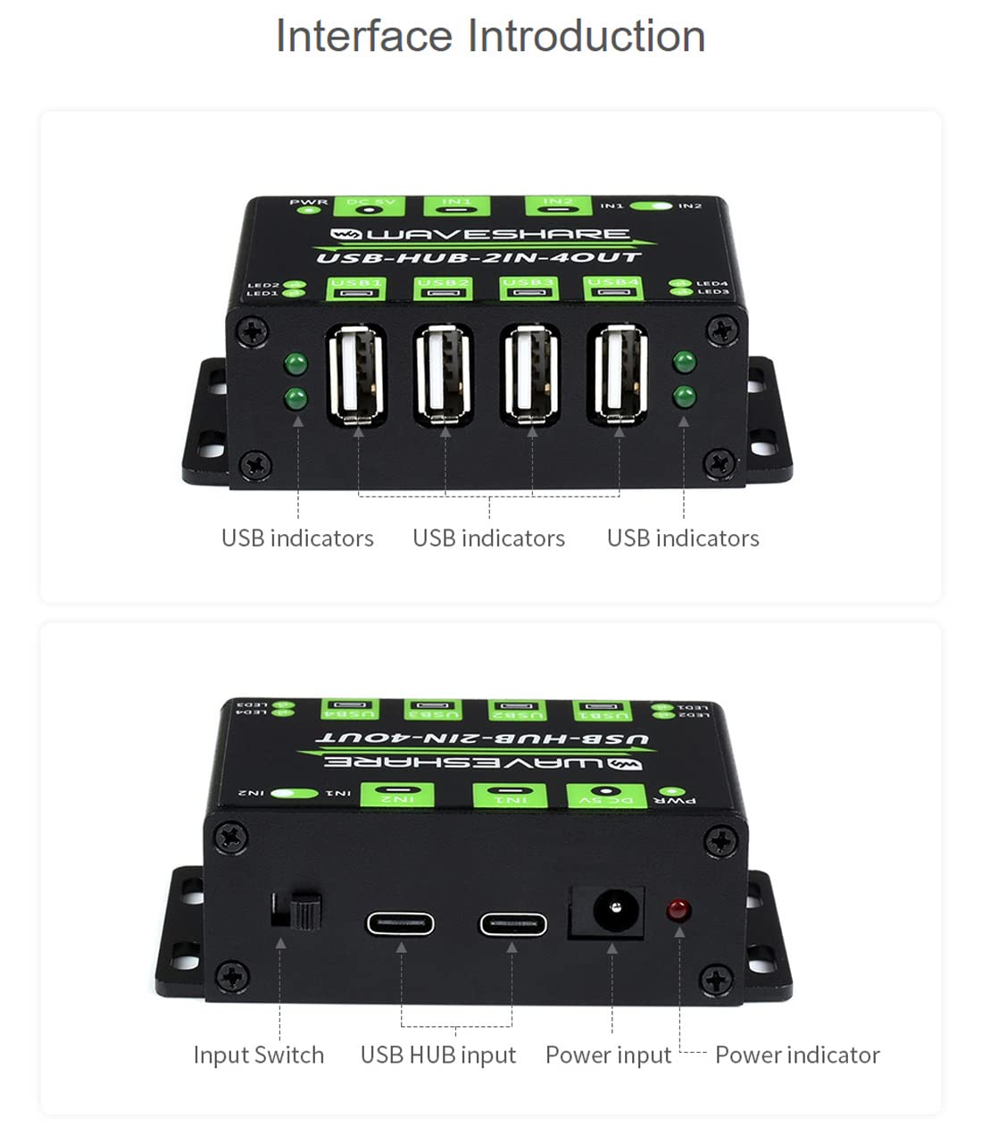 waveshare Industrial Grade USB HUB Extending 4X USB 2.0 Ports Switchable Dual Hosts Sharing USB Devices for Two Hosts Without Power Supply