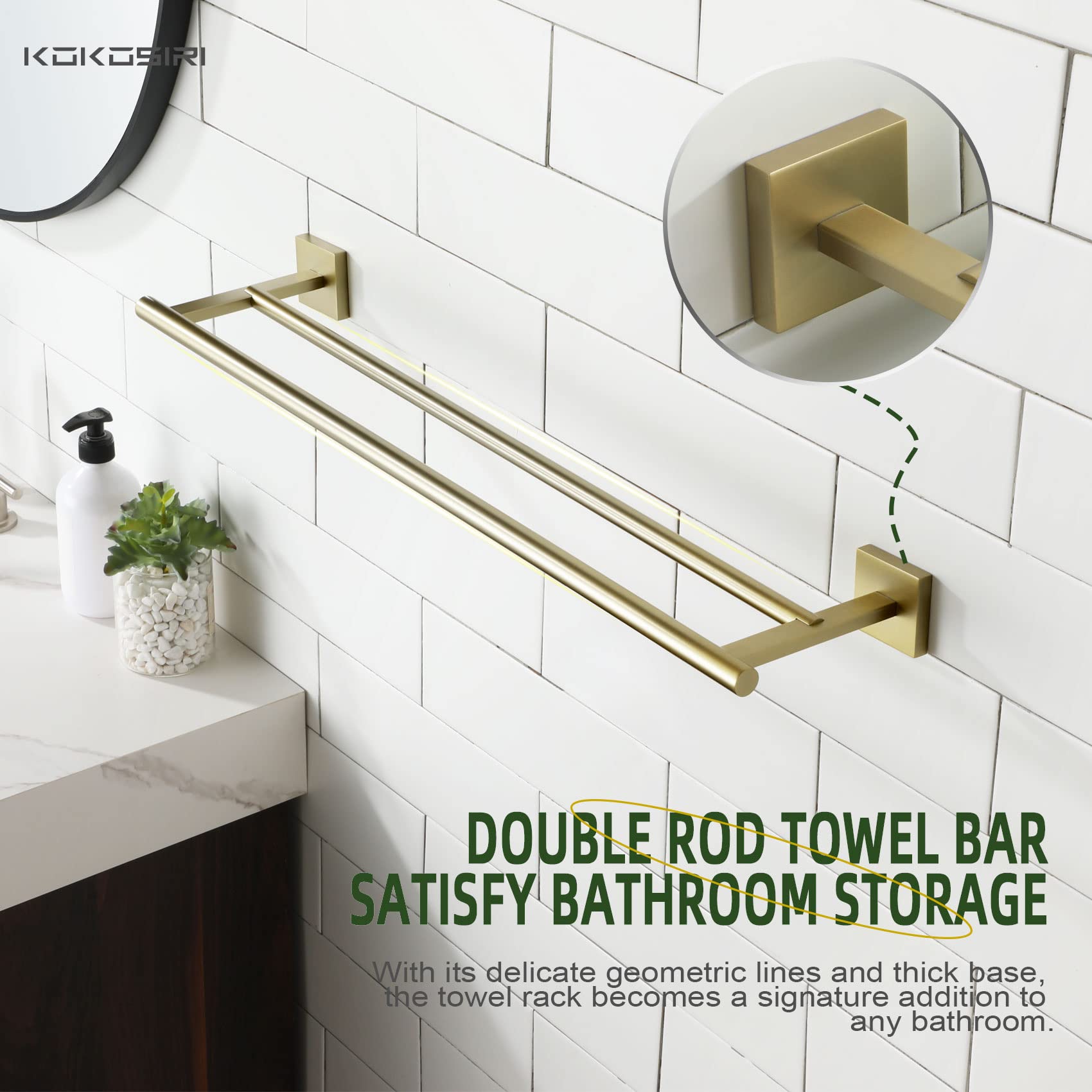 KOKOSIRI Bathroom Towel Bars Double Bath Towel Holders for Toilet Kitchen Cabinet Wall Mount 24 Inch Brushed Gold Stainless Steel B5005BG-L24