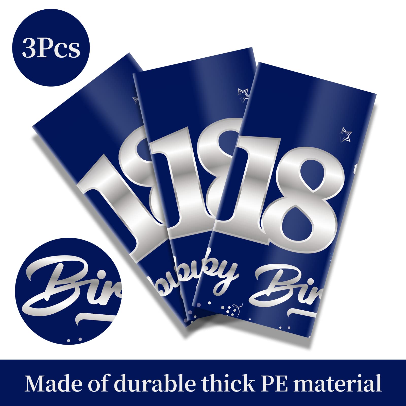 Turypaty 3 Pack Blue Silver 18th Birthday Tablecloth Decorations for Boy, Navy Blue Happy 18 Table Cover Party Supplies, Eighteen Years Old Birthday Disposable Rectangular Table Cloths