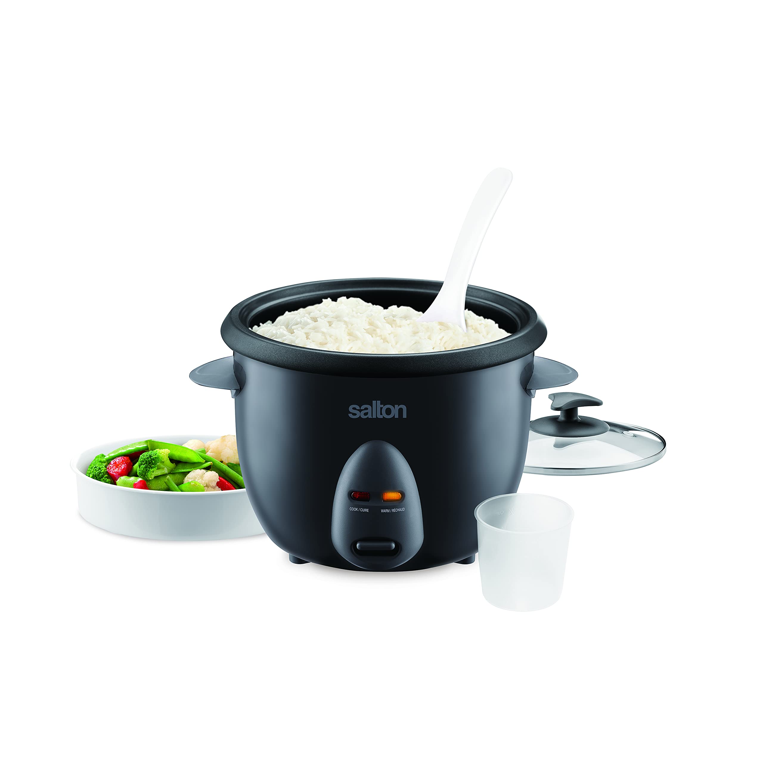 Salton 10 Cup Drum Style Automatic Rice Cooker with Food Steaming Basket, Measuring Cup & Spatula, Removable Non-Stick Cooking Bowl (RC2088)