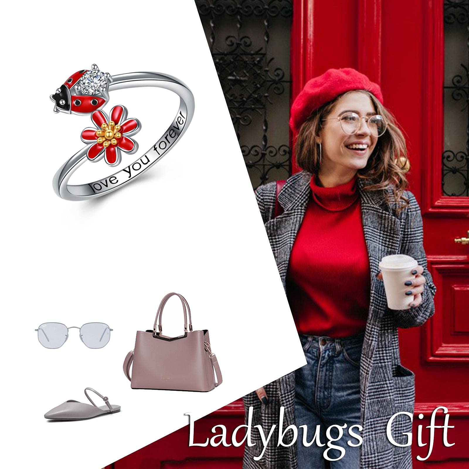 POPLYKE Ladybug Ring Jewelry for Women Sterling Silver Ladybug Daisy Rings Size (8)