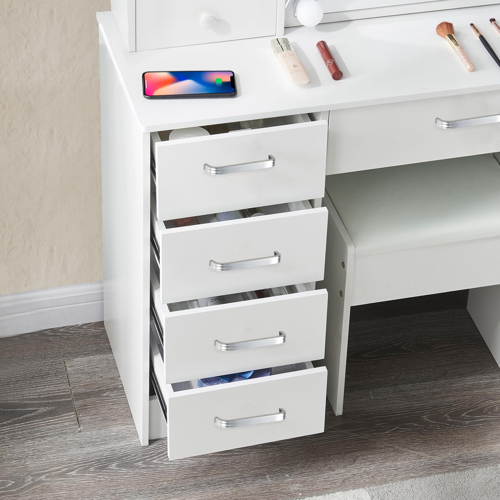 Makeup Vanity Desk with Mirror and Lights-Brightness Adjustable, White Makeup Vanity Table with Chair and Storage Drawers for Women Girls Bedroom
