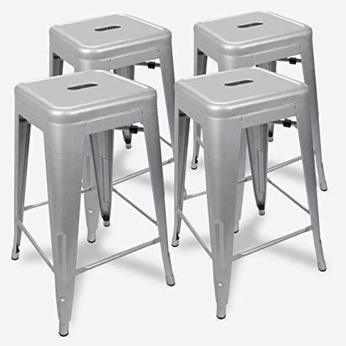 UrbanMod 24 Inches Metal Barstool Set of 4 β Counter Height Backless Bar Stool for Kitchen Island, Breakfast, Outdoors, Pub, Restaurant, Home, Patio β Stackable Heavy Duty Modern & Industrial (Silver)