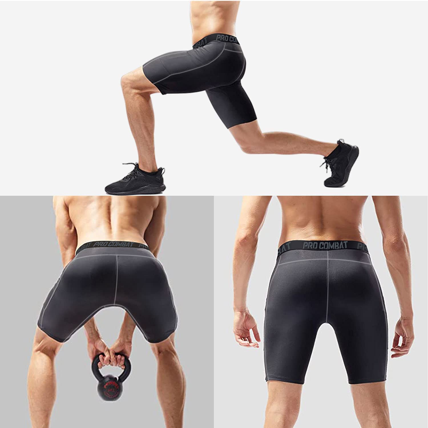 Pamyvia Men's 3 Pack Compression Shorts with Pockets Athletic Baselayer Underwear for Running,Workout,Training (Grey, Large)