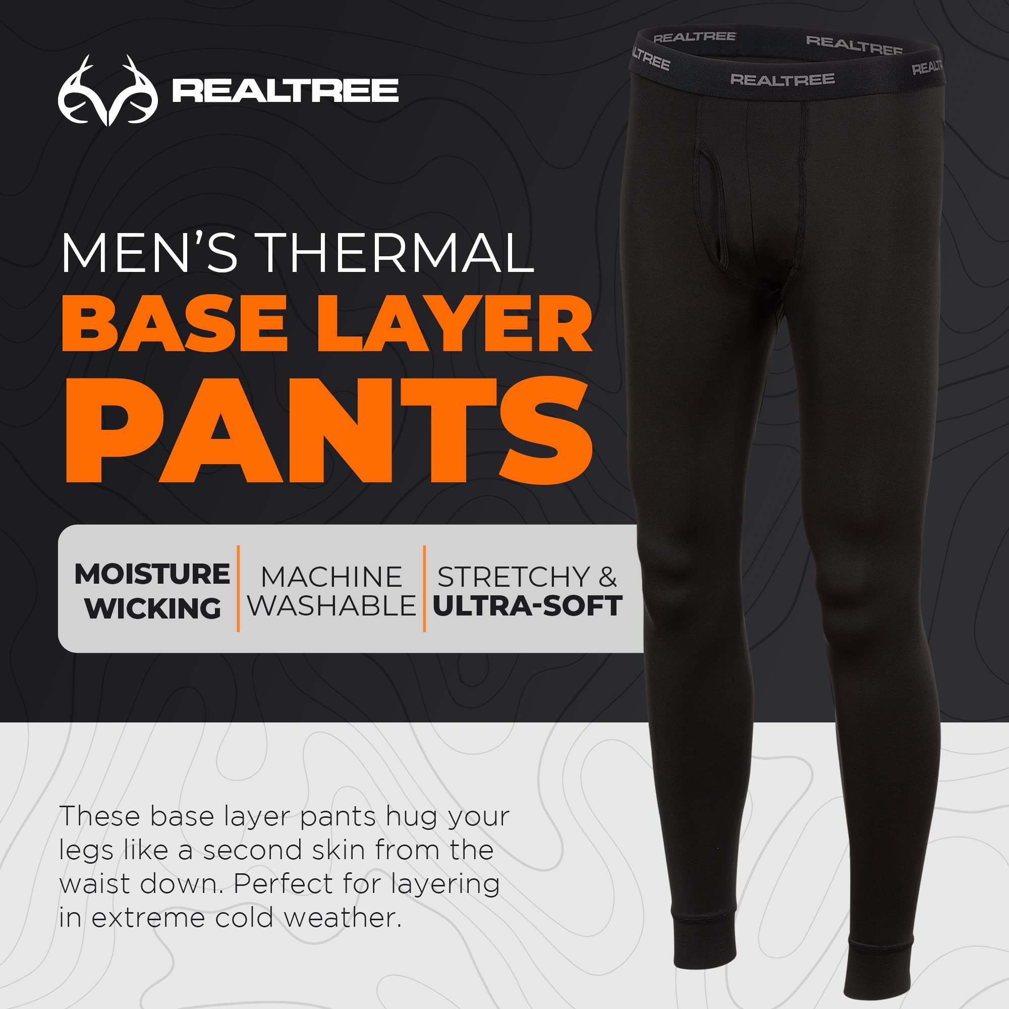 Realtree Mens Thermal Underwear for Men Long Johns Bottom Tights Hunting Gear-Warm Base Layer Leggings Under Pants for Winter (US, Alpha, Medium, Regular, Regular, Black)
