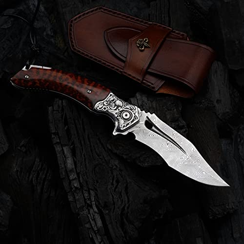SPIRIT DEED Japanese VG 10 Damascus Steel Folding Knife, Outdoor Wilderness Survival Pocket Knife, Snake Wood Handle Lined Lock, Leather Sheath, EDC Pocket Knife