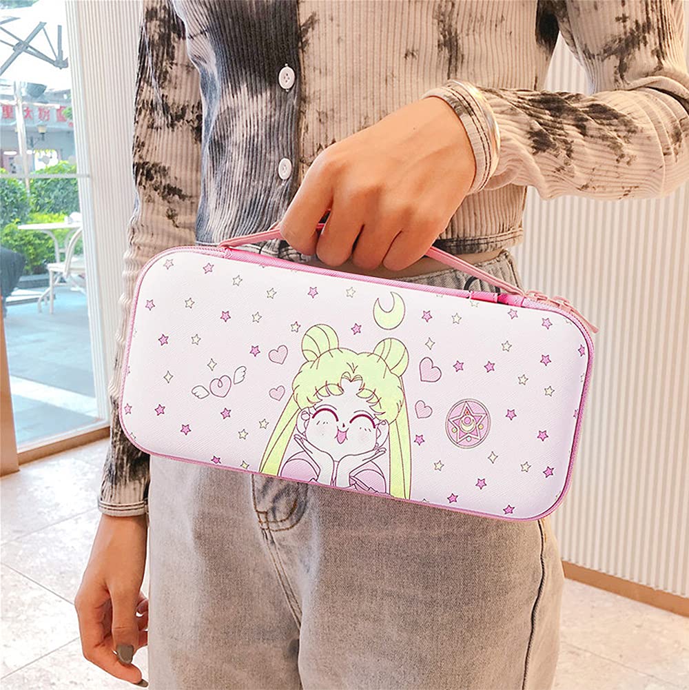 NocksyDecal Carrying Case Compatible with Nintendo Switch & OLED Mode, Cute Pink Sailor Moon Accessories Portable Travel Case with Shoulder Strap for Switch Hard Carry Case for Girls
