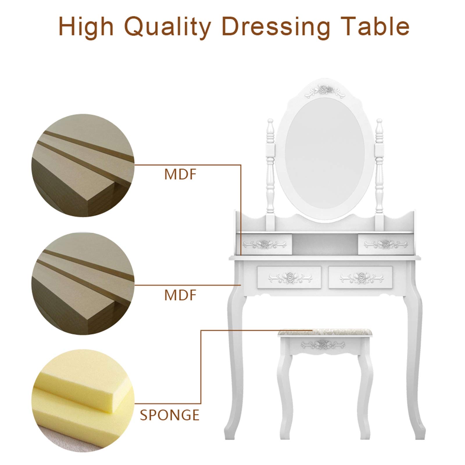 Makeup Vanity with Mirror, Vanity with 4 Drawers with Cushioned Stool for Women Girls, 360-Degree Rotation Removable Mirror Dresser Vanity Table Set with Storage Drawer & Chair