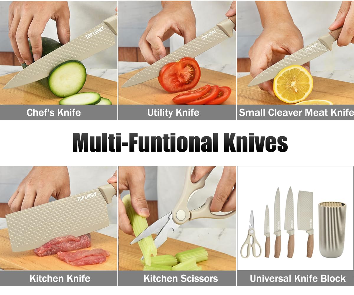 Knife Set, 6-Piece Khaki Professional Kitchen Knife Set for Chef, Super Sharp Knife Set with Universal Knife Block, Anti-Rust Stainless Steel Kitchen Knife Block Set, Ergonomical Design (Khaki)