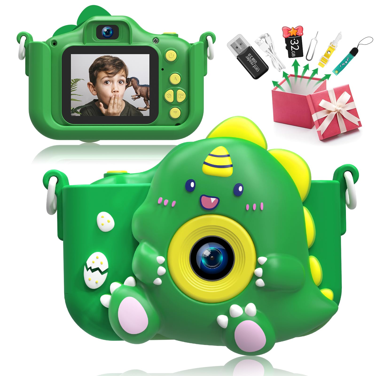 Kids Camera,Kids Camera for Boys Kids Girls，Dinosaurs Gifts for Boys Age 3-12, 1080P HD Video Camera for Toddler, Christmas Birthday Easter Gifts Toys for 3 4 5 6 7 8 9 Year Old with 32GB SD Card
