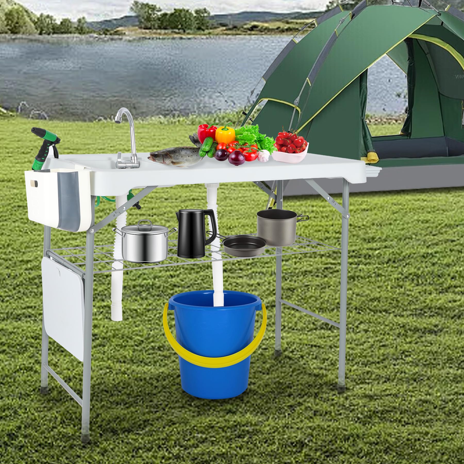 REDCAMP 39.4" Folding Fish Cleaning Table with Double Sink & Faucet, Portable Outdoor Fish Fillet Cleaning Station for Camping or Kitchen