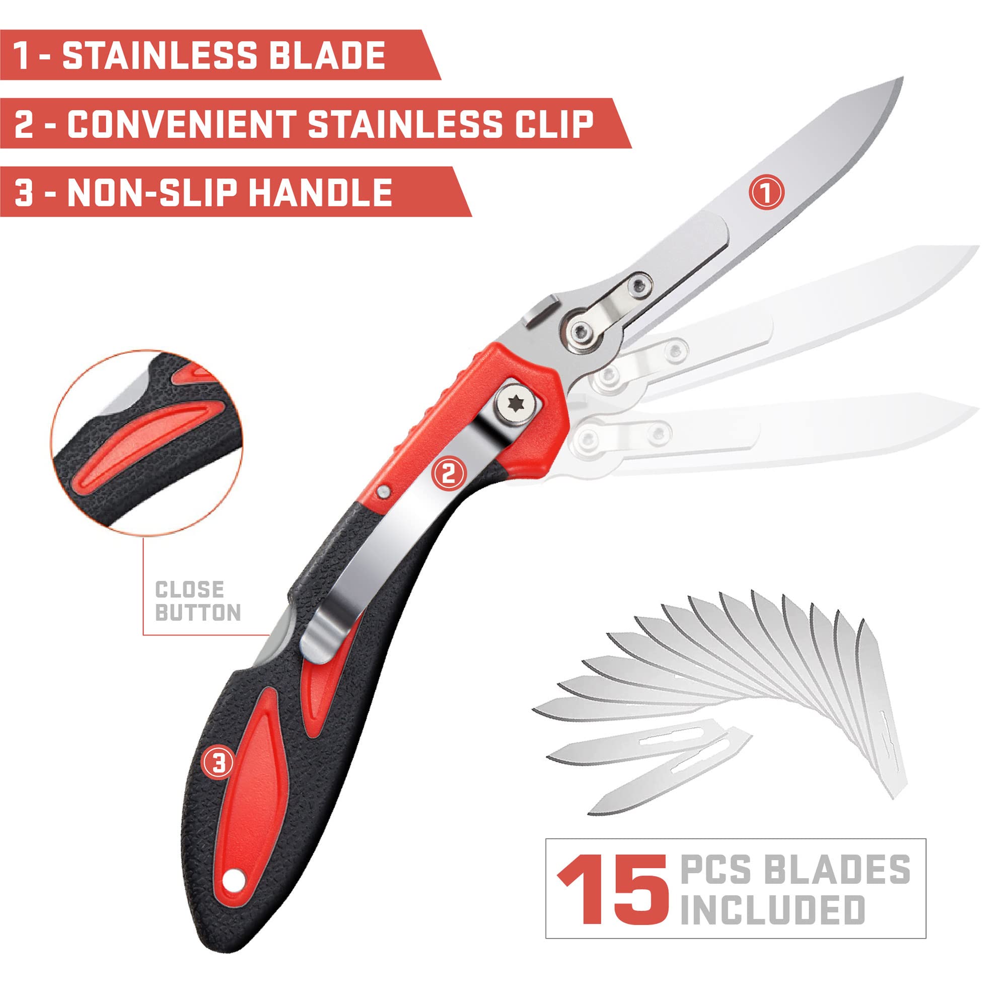 Lancergear Hunting Knife Skinning Knife Pocket Foldable with 15 Extra Replaceable Sharp Blades, Safe and Fast Disassembly in 1 Second with Single Hand