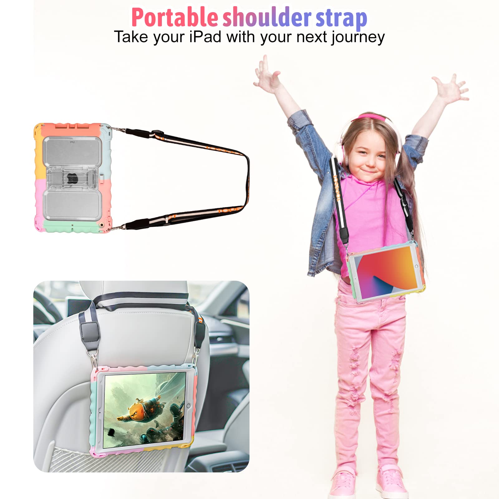 TopEsct iPad 9th/8th/7th Generation Case, iPad 10.2 Case for Kids with Portable Shoulder Strap, PET Screen Protector & Shockproof Silicone, Rainbow