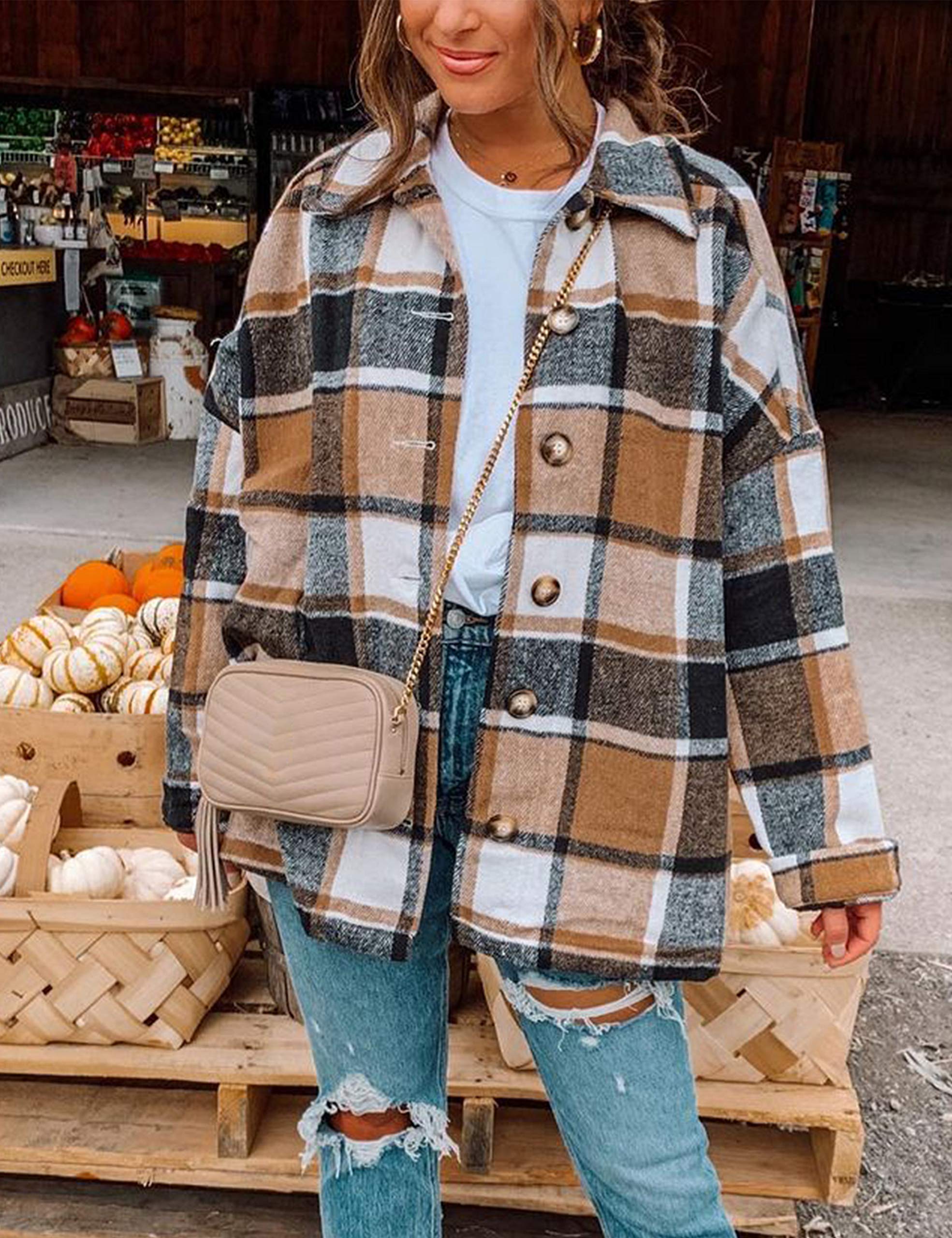 Lentta Women's Flannel Plaid Shacket Jacket Casual Fall Wool Blend Button Up Shirt Coat(Khaki-L)