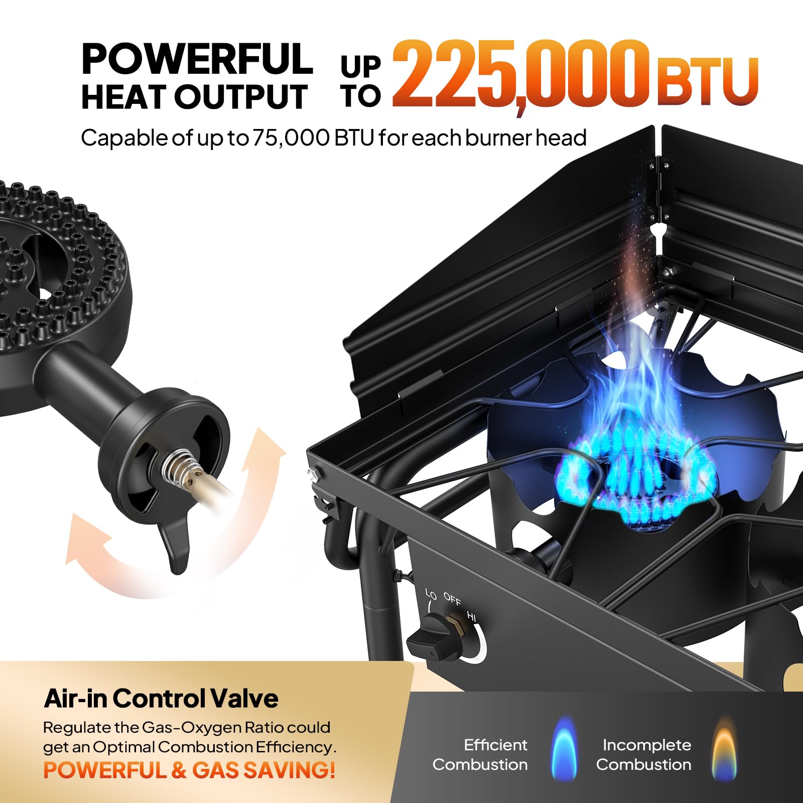 ROVSUN 3 Burner Gas Stove with 2 Side Shelves, 225,000BTU Portable Propane Stove with Removable Leg, Wind Panel, Regulator for Camping Home Backyard Outdoor Cooking Brewing Canning Turkey Frying