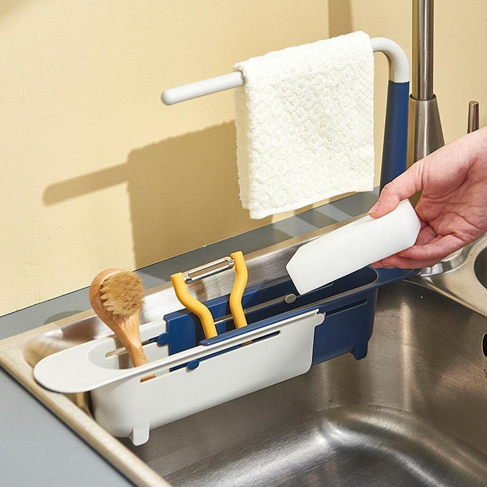 PRAGOO Telescopic Sink Storage Rack Holder, Expandable Sink Storage Rack with Dishcloth Holder Towel Rack for Kitchen Sink Organizers for Sponge Caddy (Plastic, Blue)