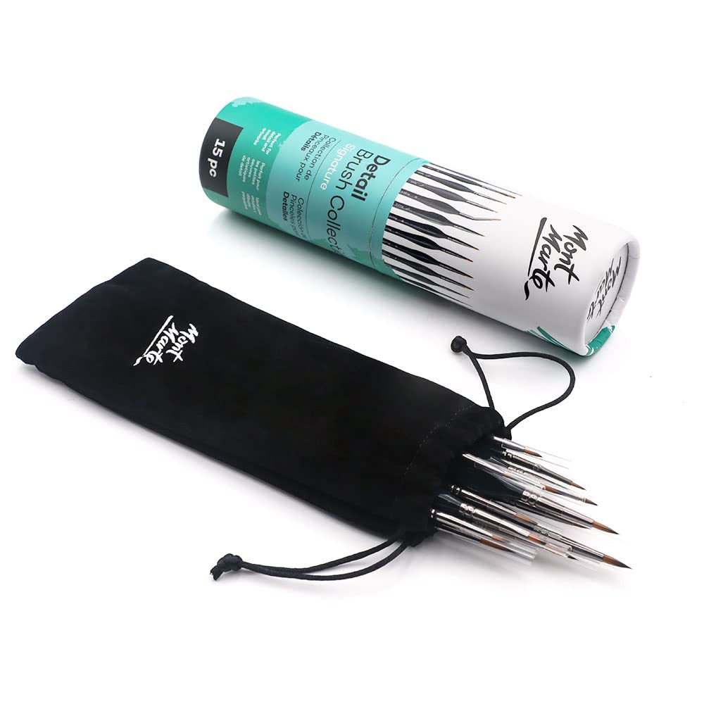 Mont Marte Signature Detail Brush Collection, 15 Piece, Taklon Bristles, Suitable for Acrylic, Oil, Watercolor and Gouache Paints, Includes Storage Bag
