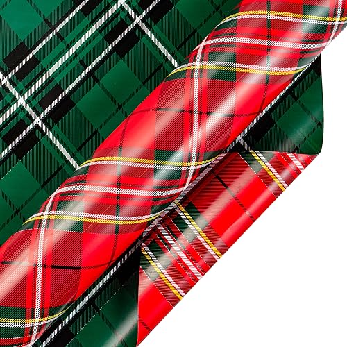 LeZakaa Reversible Christmas Wrapping Paper - Jumbo Roll - Green & Red Plaid - 24 inches x 100 Feet (200 sq.ft.)
