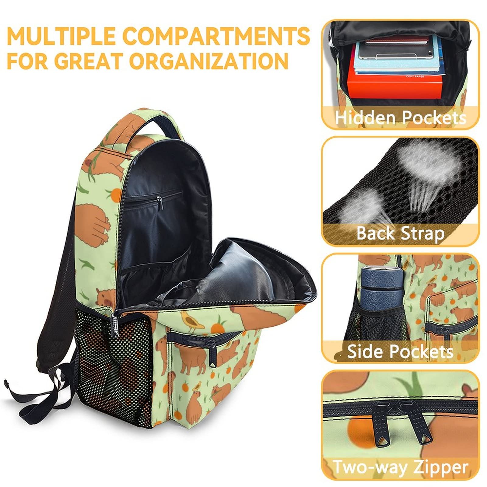 PAKKITOP Capybara Backpack with Lunch Box and Pencil Case Set, 3 in 1 Matching Kids Girls Boys Green Backpacks Combo, Cute School Bookbag and Pencil Case Bundle