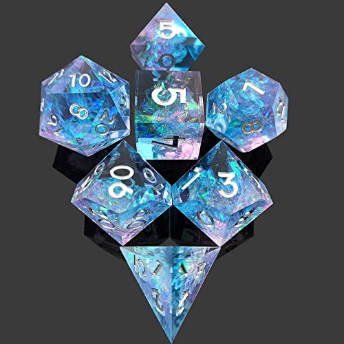 Sharp Edge Dice DND Dice Set, Resin Dice Polyhedral Dice D and D Dice Set Dungeons and Dragons Dice Set D&D with Metal Box & Bag for RPG Role Playing MTG Dice Game D20 D12 D10 D8 D6 D4 Blue and Pink