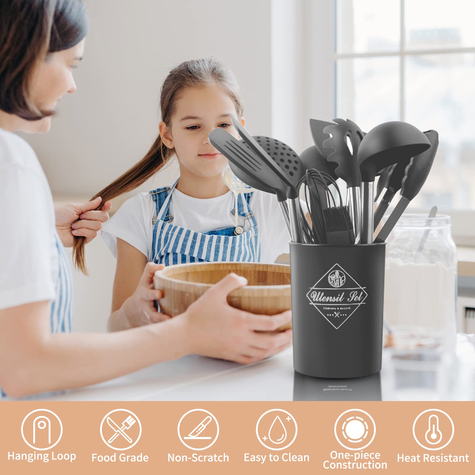 Kitchen Utensils Set, 15 Pcs Silicone Cooking Utensil Set with Stainless Steel Handle, Non-stick Heat Resistant Food Grade Silicone Cookware with Holder, Stylish Kitchen Spatulas Set (Grey)
