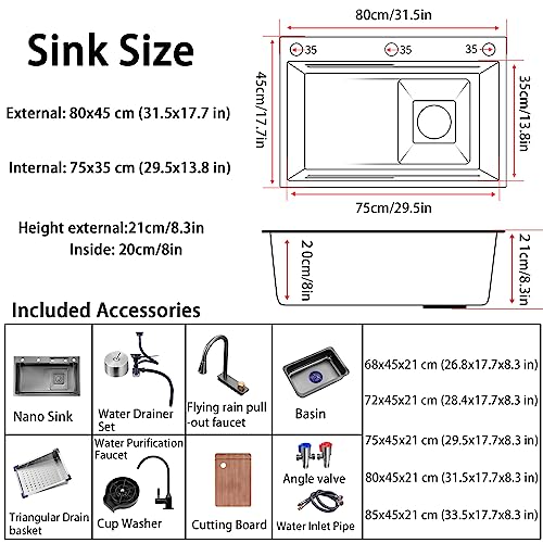 Ribanedy 31.5-inch Black-Grey Nano Kitchen Sink 304 Stainless Steel Waterfall Sink Single Bowl Workstation Kitchen Sink With Multifunctional Top Loading Flying Rain pull-out faucet