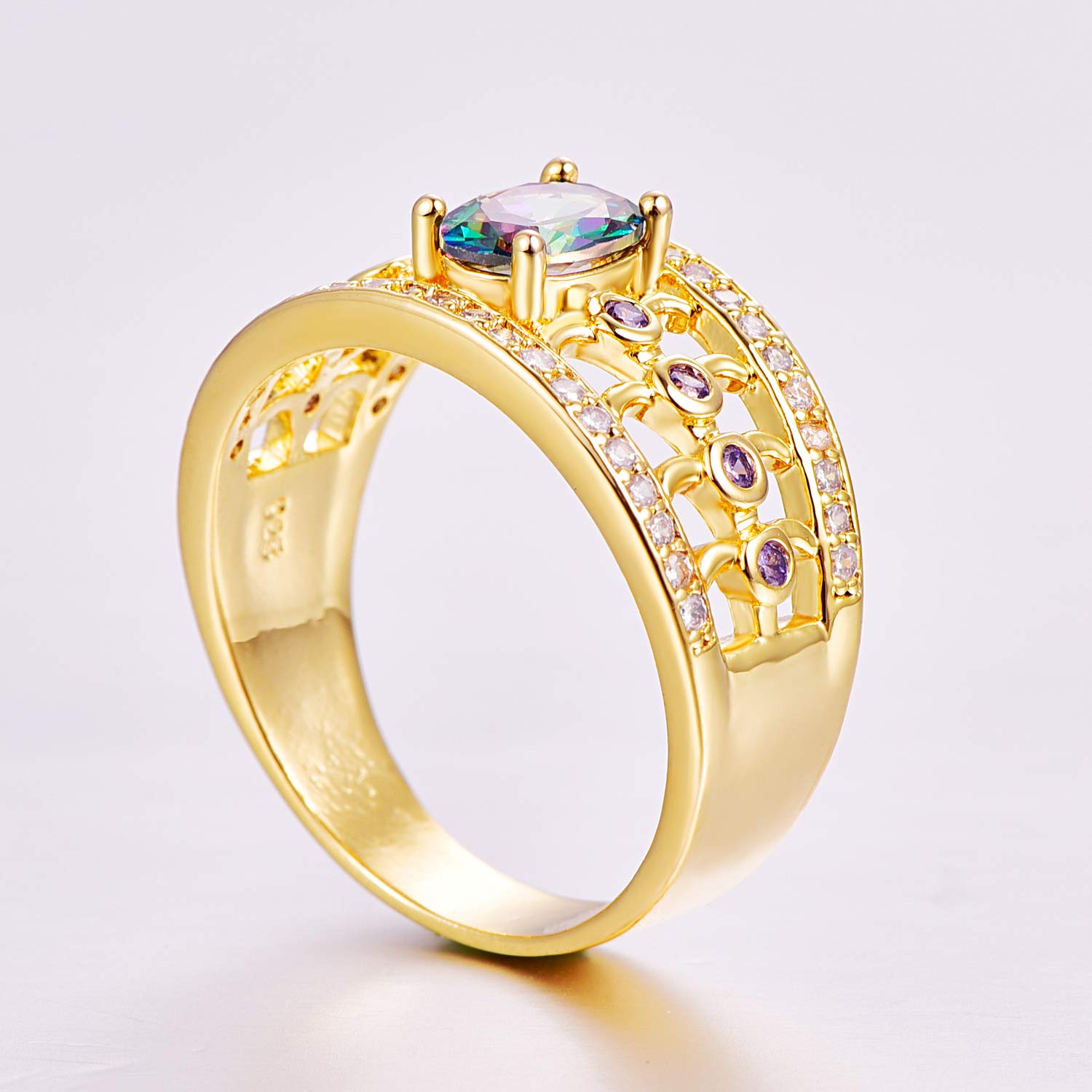 Narica Yellow Gold Plated Women's Vintage Oval Cut Created Blue Sapphire Openwork Ring Wide Band CZ Cubic Zirconia Filled for Mom 9#
