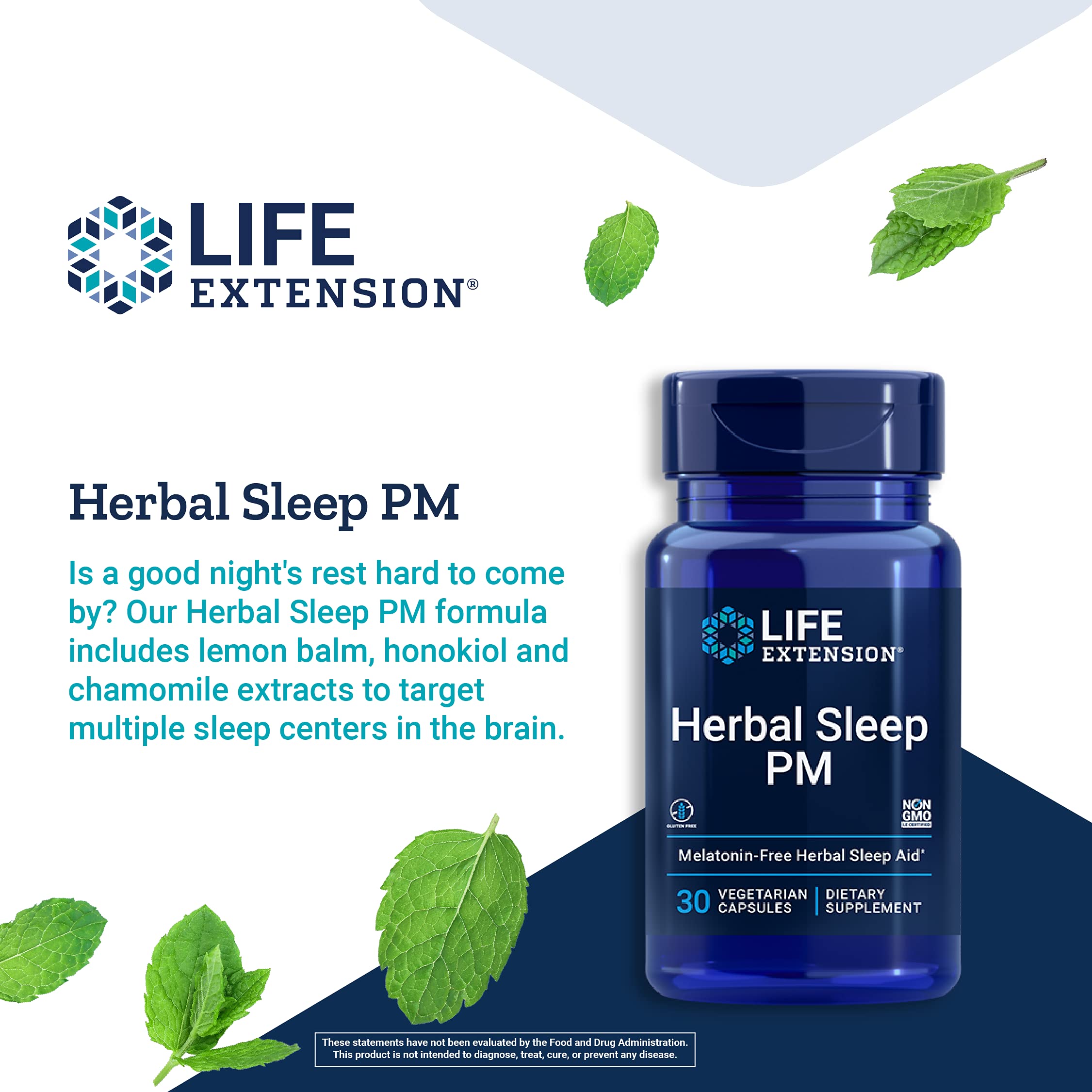 Life Extension Herbal Sleep PM – Natural Sleep Supplement without Melatonin - with Lemon Balm, Honokiol & Chamomile Extracts for Healthy Sleep - Non-GMO, Gluten-Free - 30 Vegetarian Capsules