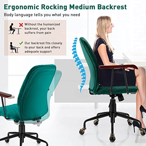 Velvet Home Office Desk Chair with Wooden Armrests, Adjustable Swivel Vintage Mid-Back Leisure Chair with Padded Seat, Task Chair Upholstered Computer Chair for Work Study (Green)