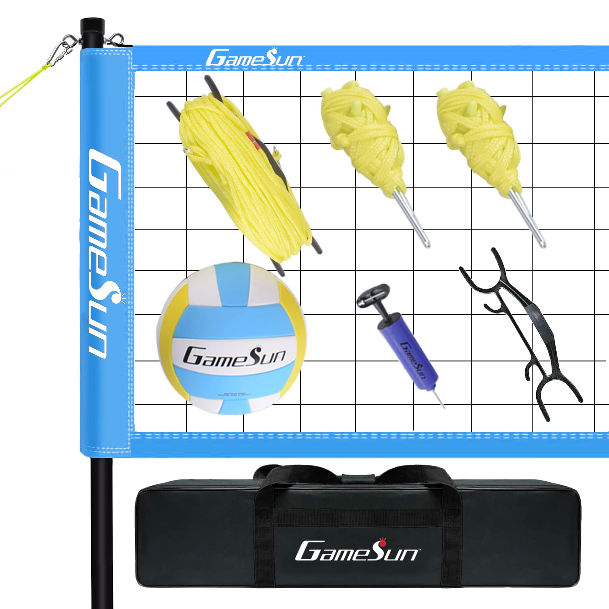Portable Volleyball Net Set System-Portable Volleyball Set for Backyard with Professional Volleyball Net, Wrap Yarn Volleyball and Pump, Boundary Line, Carry Bag