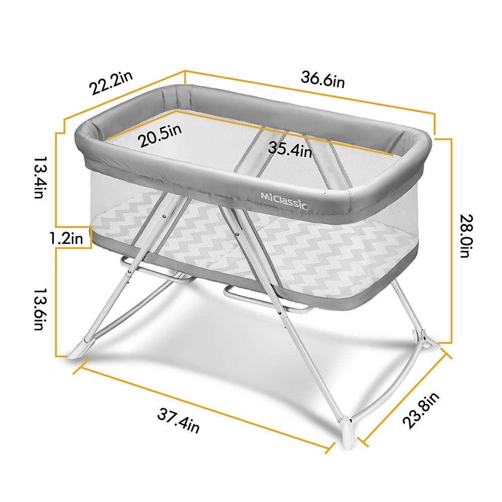 miclassic All mesh 2in1 Stationary&Rock Bassinet One-Second Fold Travel Crib Portable Newborn Baby (Crystal)
