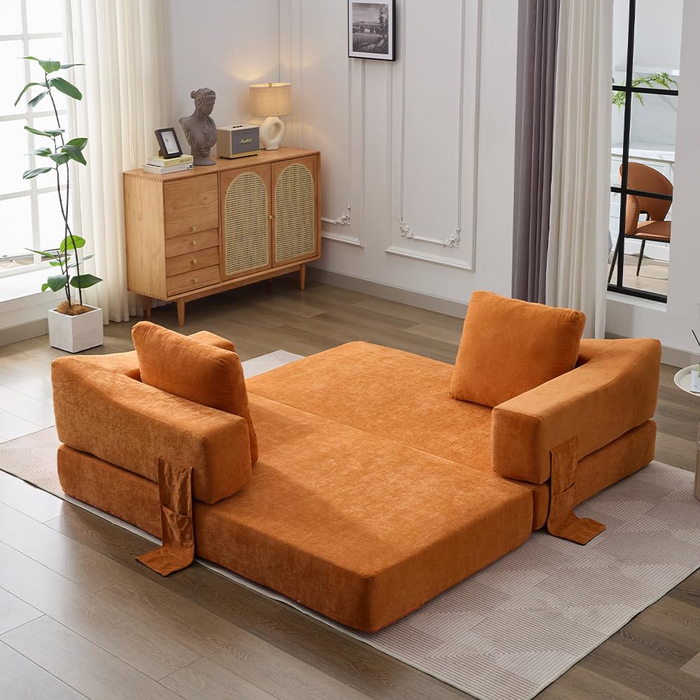 WILLIAMSPACE 70.87" Modern Loveseat Sofa Fold-Out Sofa Bed, Convertible Chair Floor Couch with Removable Backrest, Comfy Sofa for Living Room, Bedroom, Chenille Fabric (Orange)