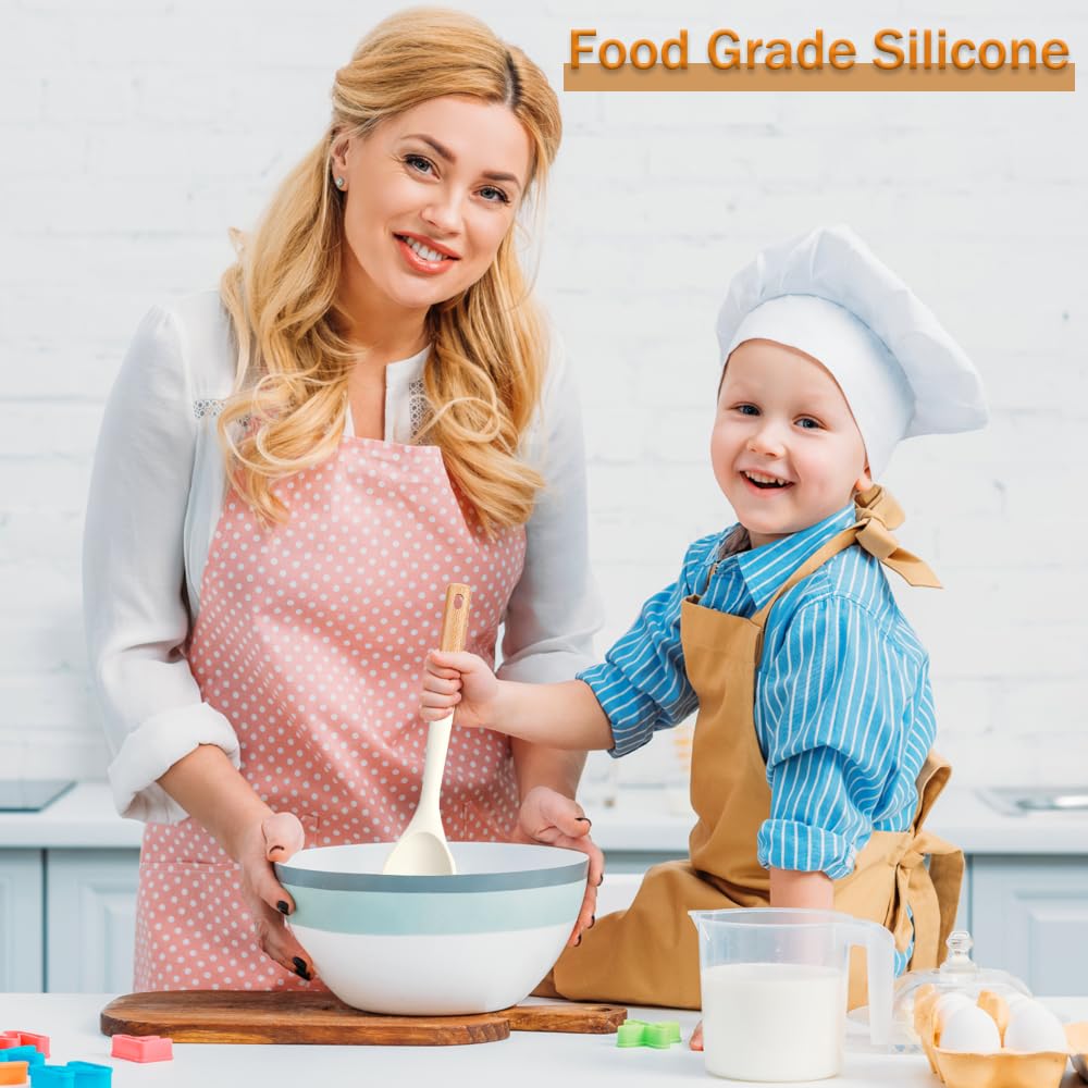 Large Silicone Cooking Spoons, Nonstick Solid Wooden Handle Kitchen Spoons, Heat Resistant Silicone Rubber Spoonula for Cooking, Serving, Basting, Mixing Tool, 13.2inch, Flexible Scraper (Khaki)