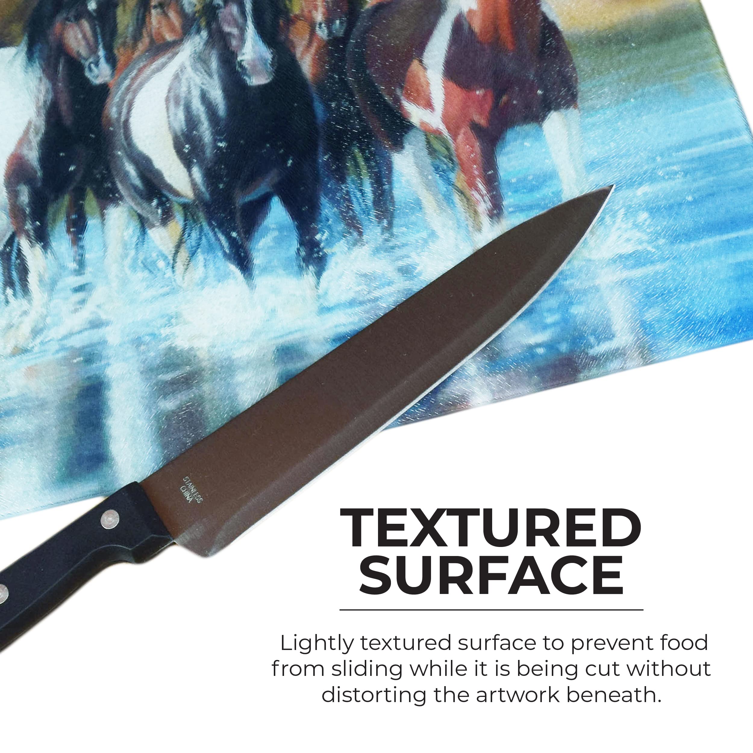 Rivers Edge Products Large 12in x 16in Decorative Tempered Glass Cutting Board, Hypoallergenic, Non Slip, Textured Surface Chopping Board for Kitchen, Cute Horse Equine Design, Rush Hour Horse