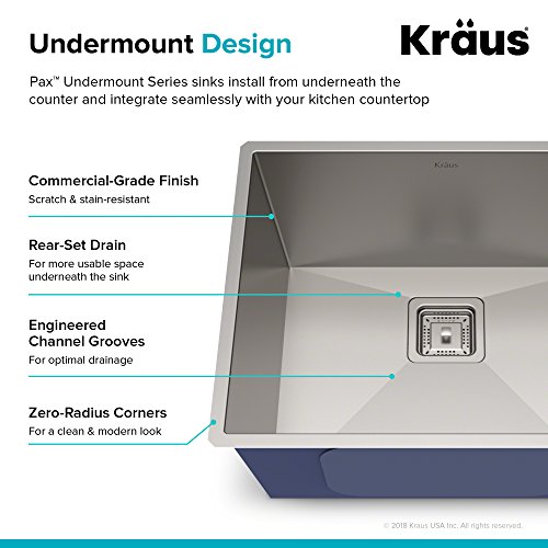 KRAUS Pax 22 1/2-inch 16 Gauge Undermount Single Bowl Stainless Steel Kitchen Sink, KHU23, Satin