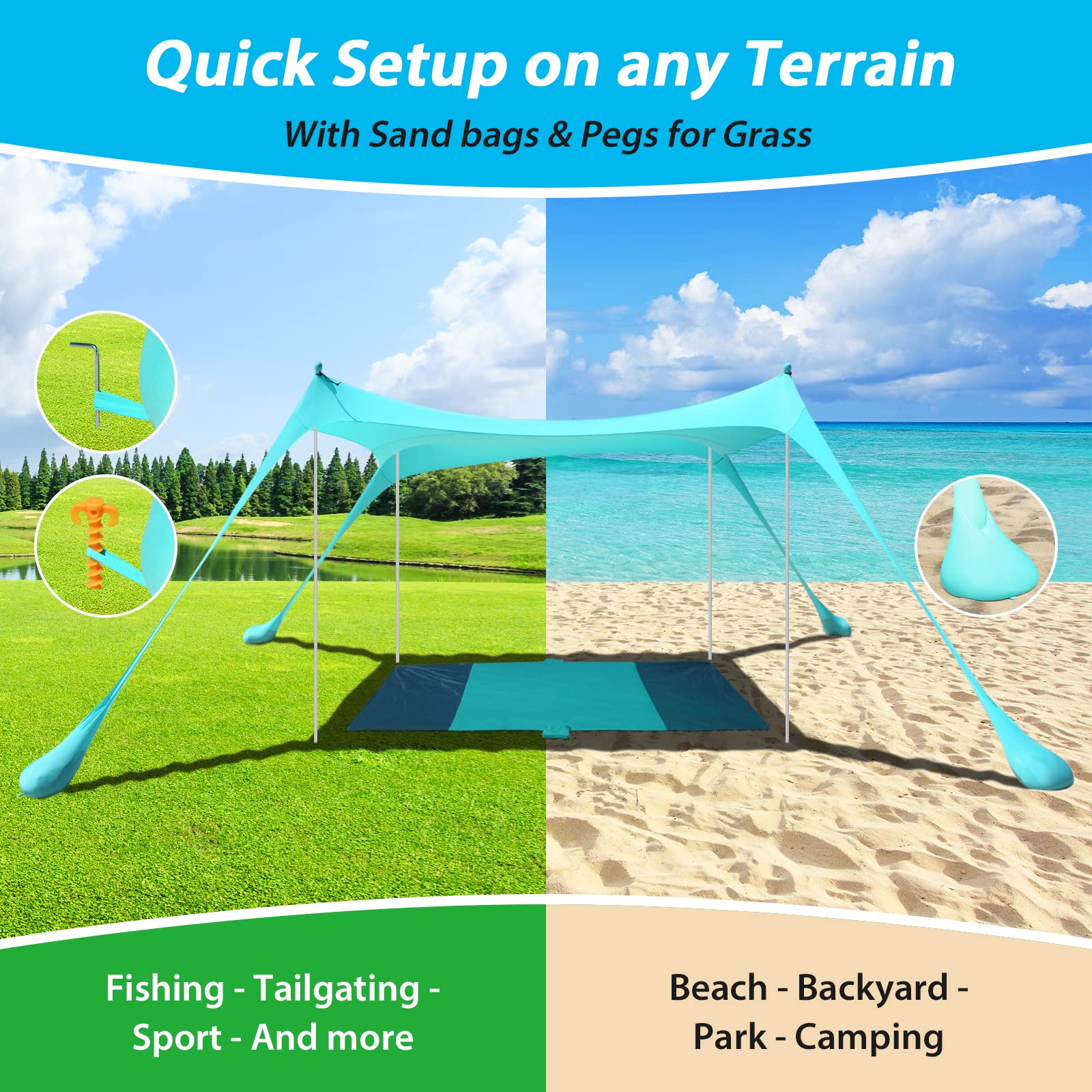 Pop Up Beach Tent Sun Shelter UPF50+, Windproof Sun Shade with Beach Blanket, Outdoor Shade Canopy for Camping Trips,Fishing,Picnics,Backyard (10x10 FT 4 Poles, Turquoise)