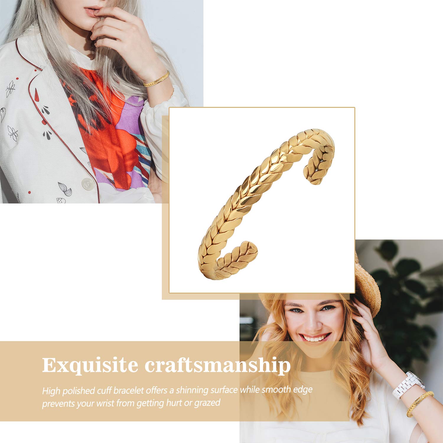 Lolalet Wide Open Cuff Bracelet, for Women, 18K Gold Plated Wheat Style Couples Love Bracelets, Weave Braided Twisted Open Cuff Bangle Jewelry –Gold