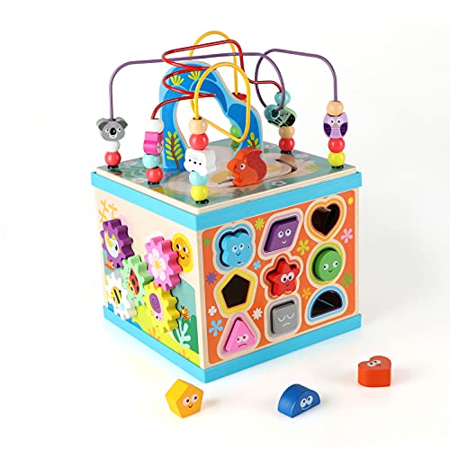 Qilay Wooden Activity Cube for Toddlers 1-3 (Large), 5 in 1 Multipurpose ABC-123 Abacus Bead Maze Shape Sorter | Early Educational Toy for Toddlers - First Birthday Present for Boys Girls