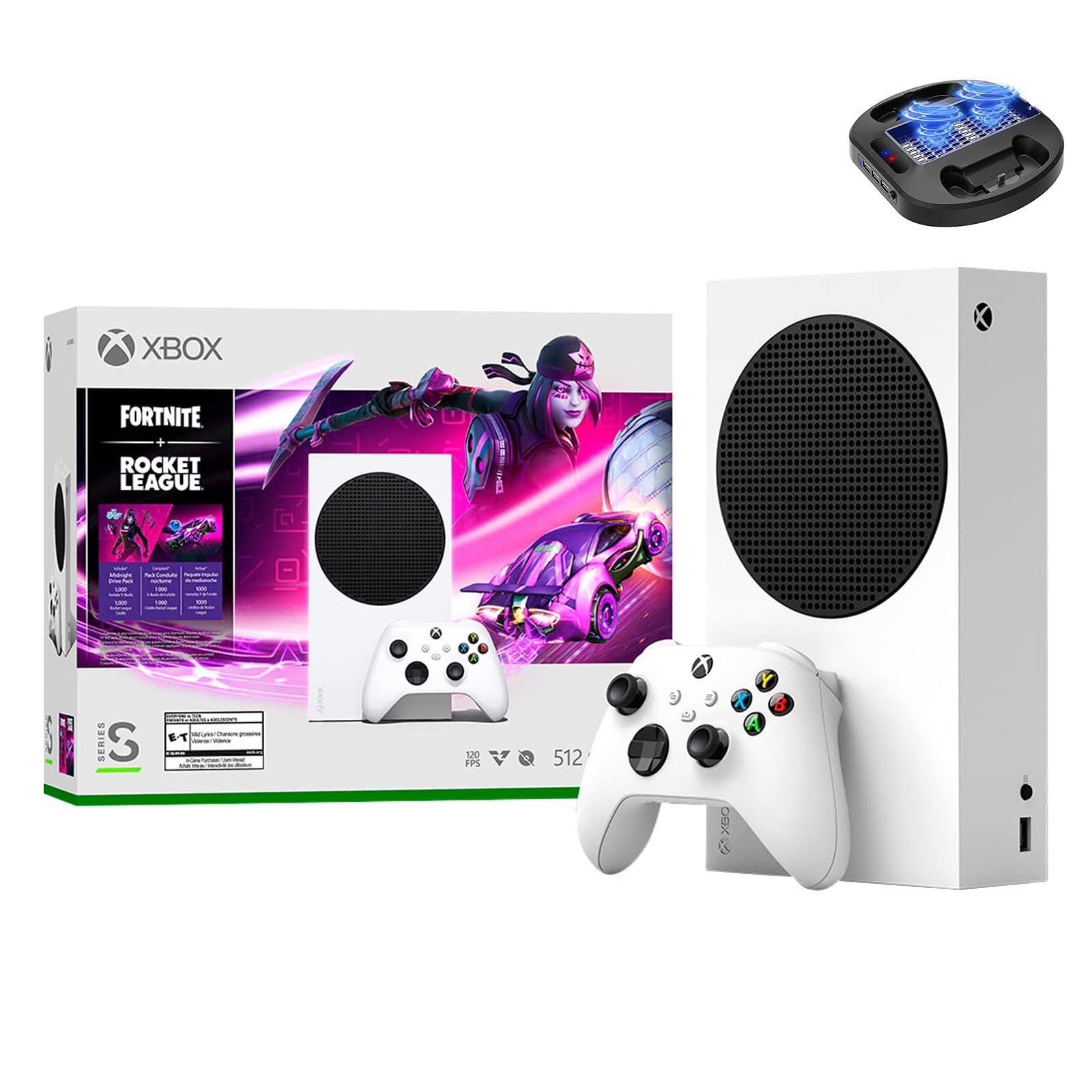 Newest Microsoft Xbox Series S – Fortnite & Rocket League Bundle (Disc-Free Gaming) - White, Bundle with TSBEAU Vertical Charging Stand with Cooling Fan (Renewed)