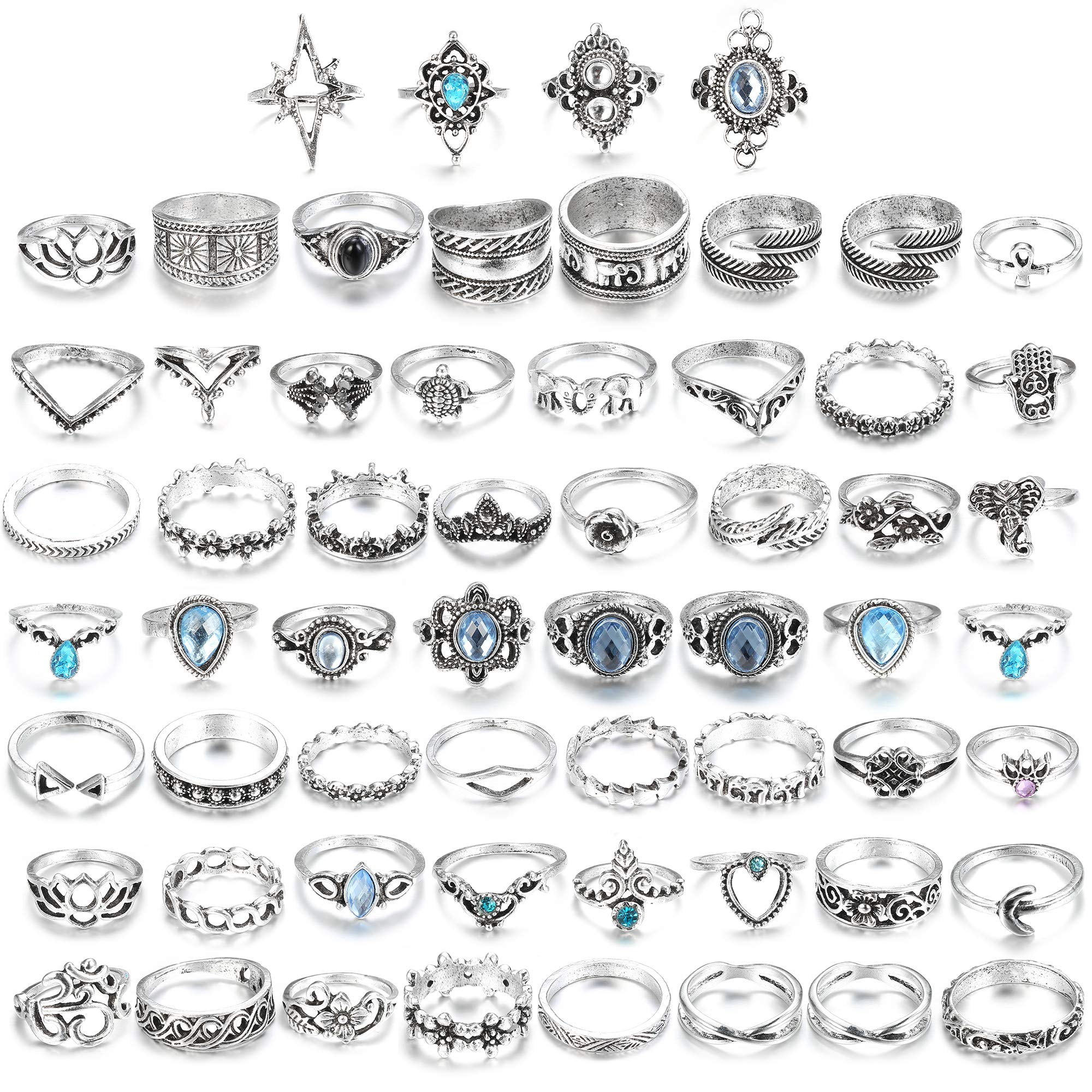 LOLIAS 60 Pcs Vintage Knuckle Ring Set for Women Stackable Rings Set Hollow Carved Flowers