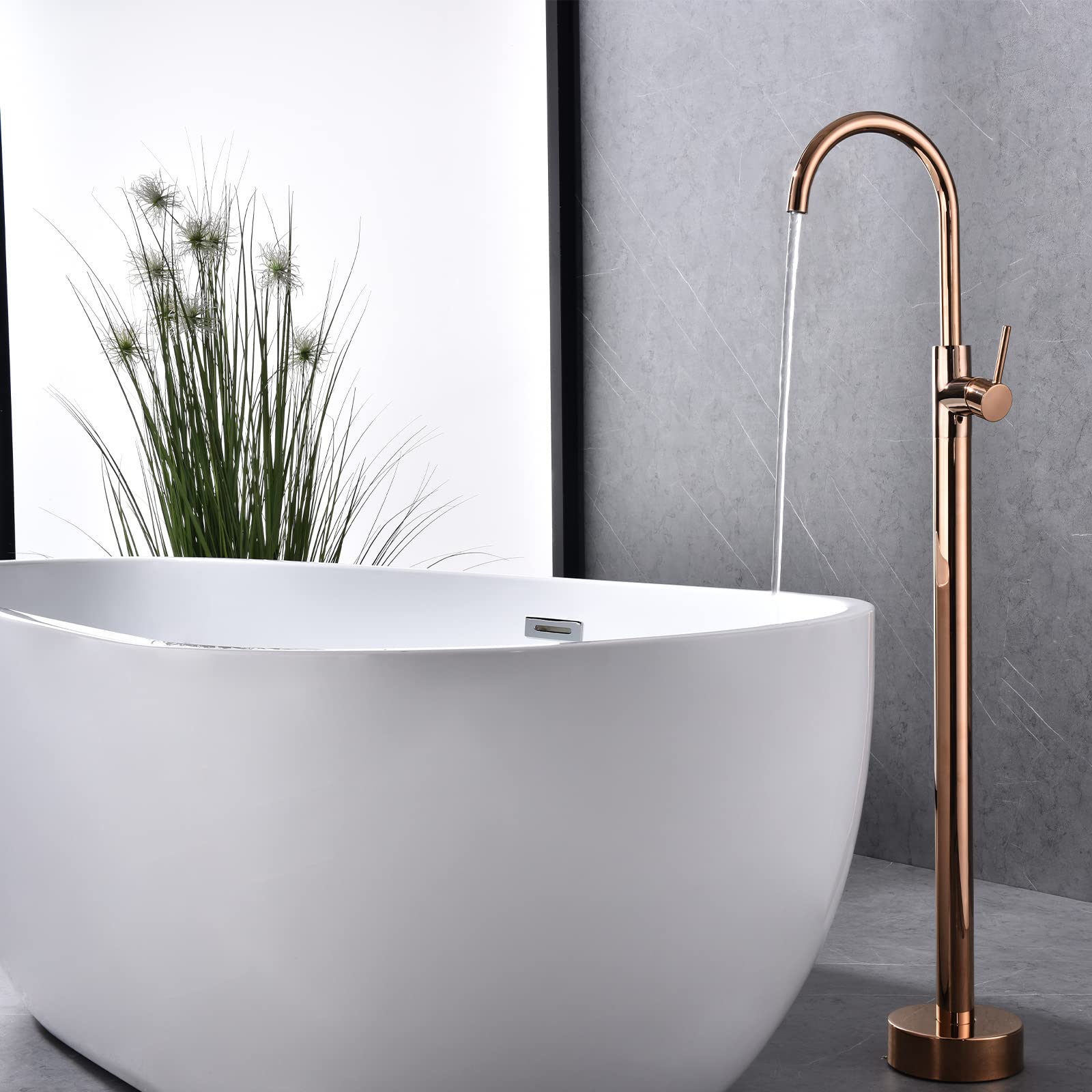 LFGUD Floor Mount Bathtub Faucet, Gold Finished Brass Bathroom Freestanding Tub Filler Single Handle Tub Spout