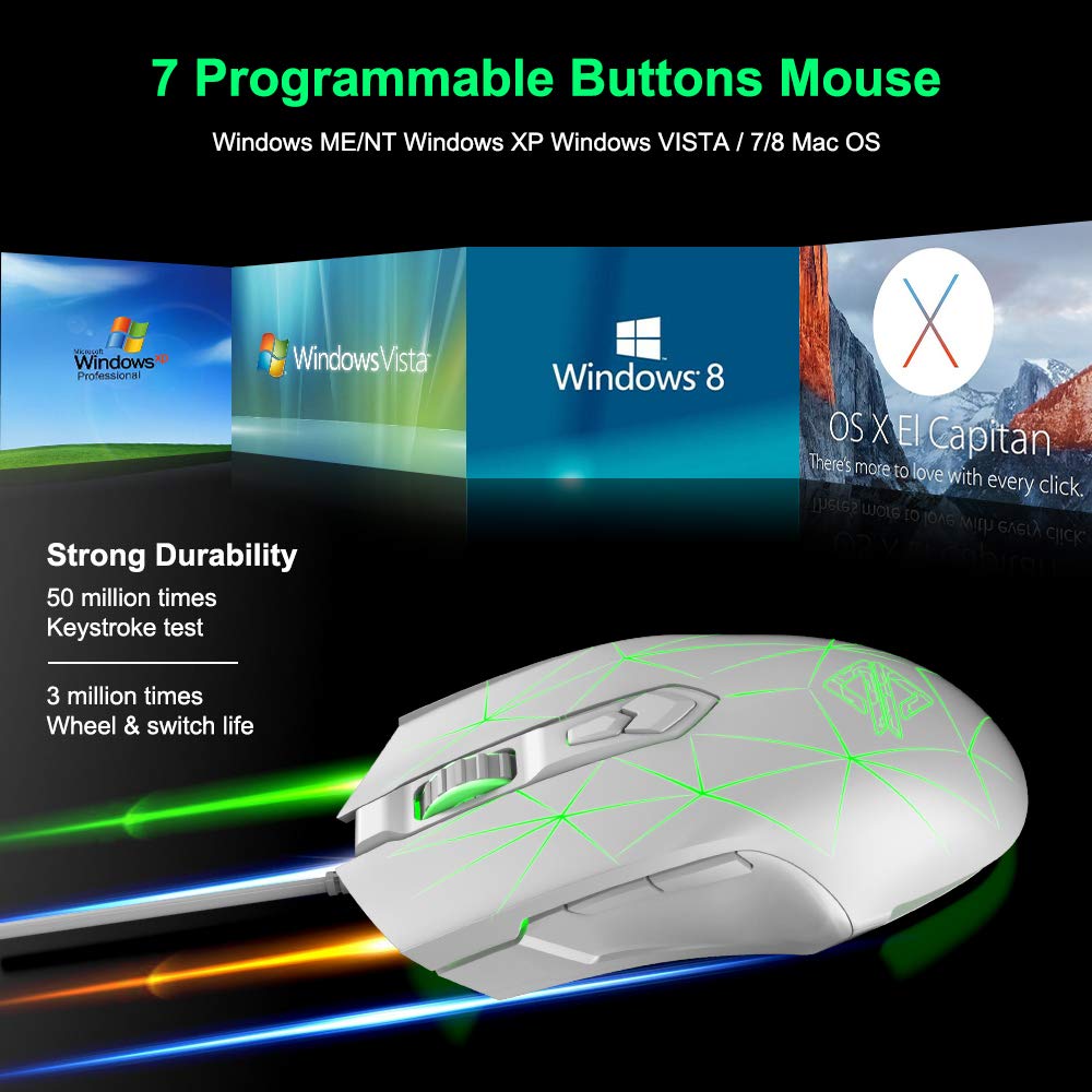NACODEX AJ52 Gaming Mouse Wired, Programmable 7 Buttons, Computer Mute Mice with Crack Pattern LED Backlit, 2500 DPI Adjustable for Laptop PC Computer Games Or Work