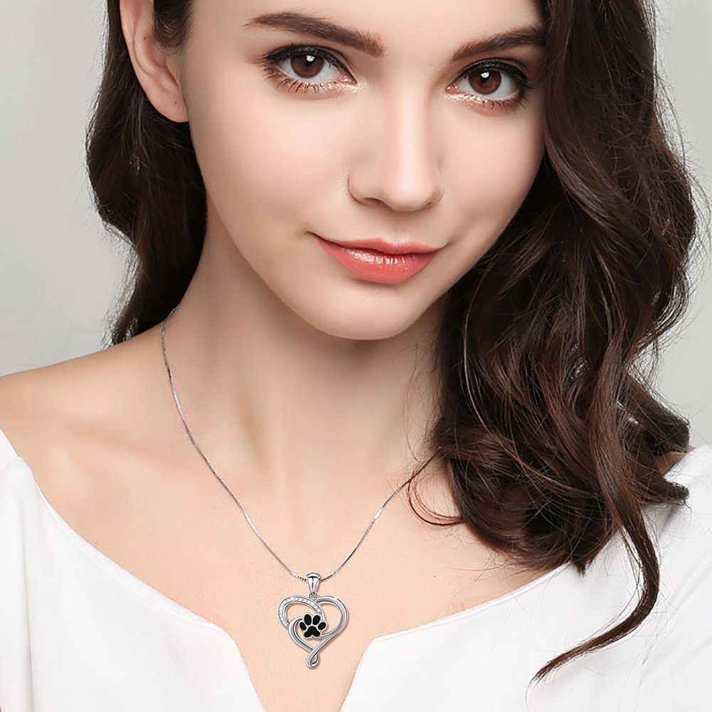 Ladytree S925 Sterling Silver Puppy Dog Cat Pet Paw Print Love Heart Pendant Necklace 18"
