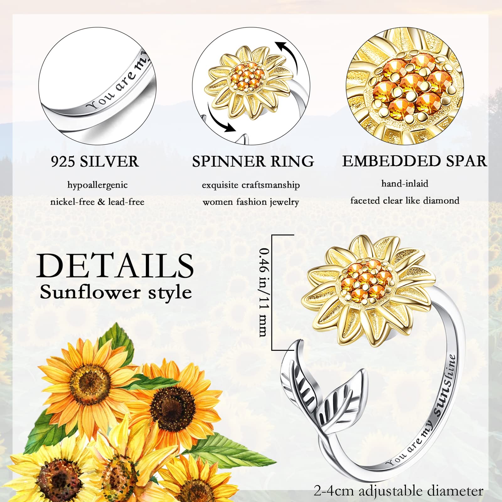papasgix Sunflower Fidget Ring for Women, Sterling Silver Anxiety Ring for Stress Relief/Adjustable Open Rings Engraved You are My Sunshine