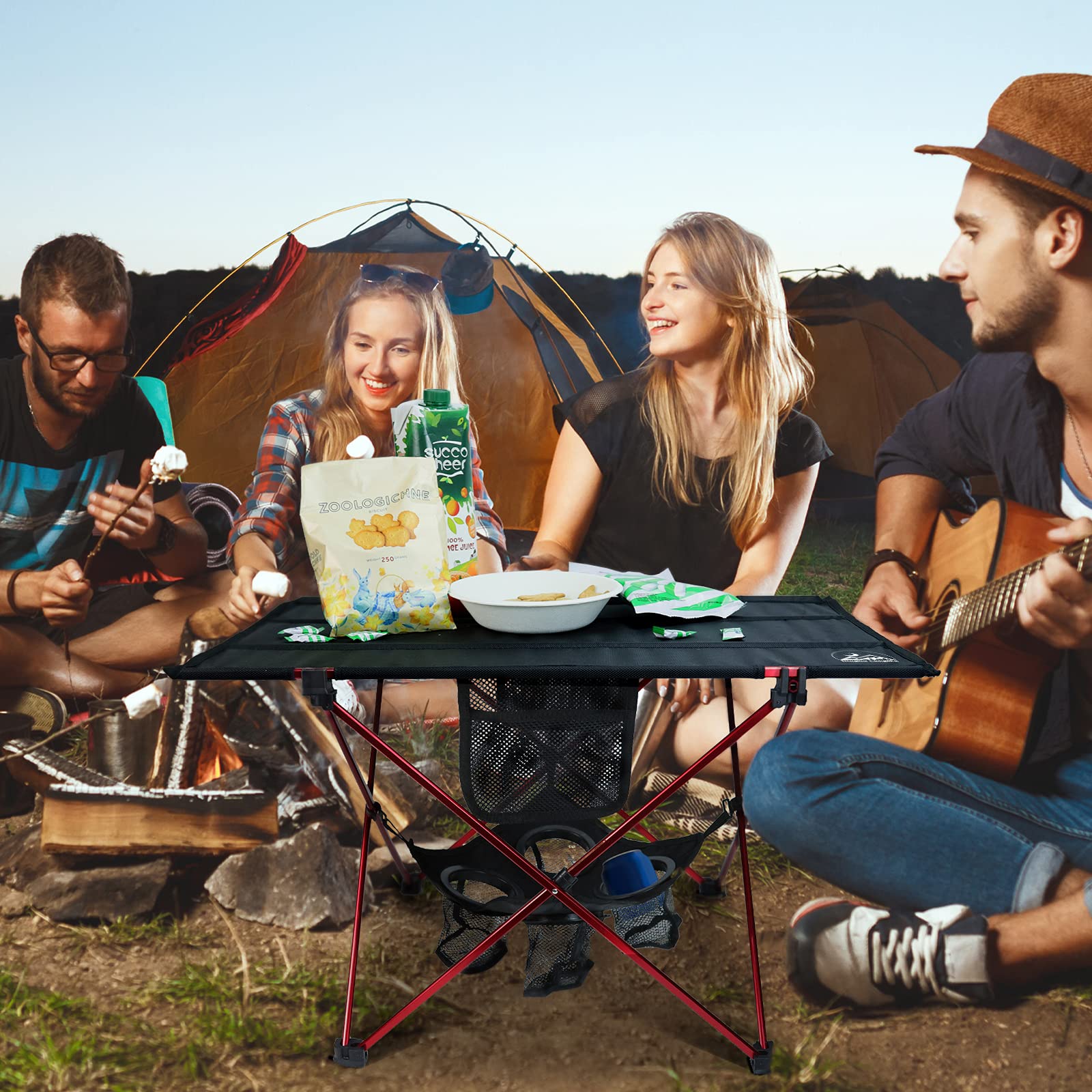 Ningbolangma Folding Camping Table, Outdoor Small Folding table with 4 Cup Holders and Carrying Bag Lightweight Outdoor Picnic Table Great for Backpacks, Beach, Tailgate, BBQ, Beach, Fishing
