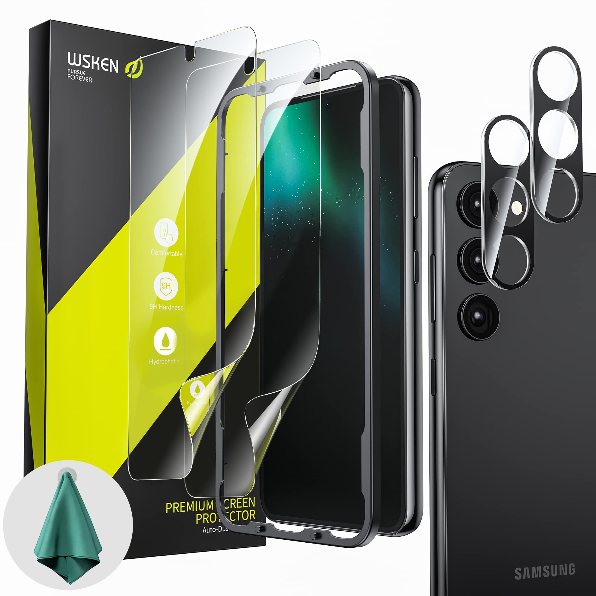 WSKEN for Samsung Galaxy S23 Screen Protector [Not Glass],2 Pack HD Clear Flexible TPU Film + 2 Pack Tempered Glass Camera Lens Protector,[Fingerprint Compatible][with Alignment Tool]