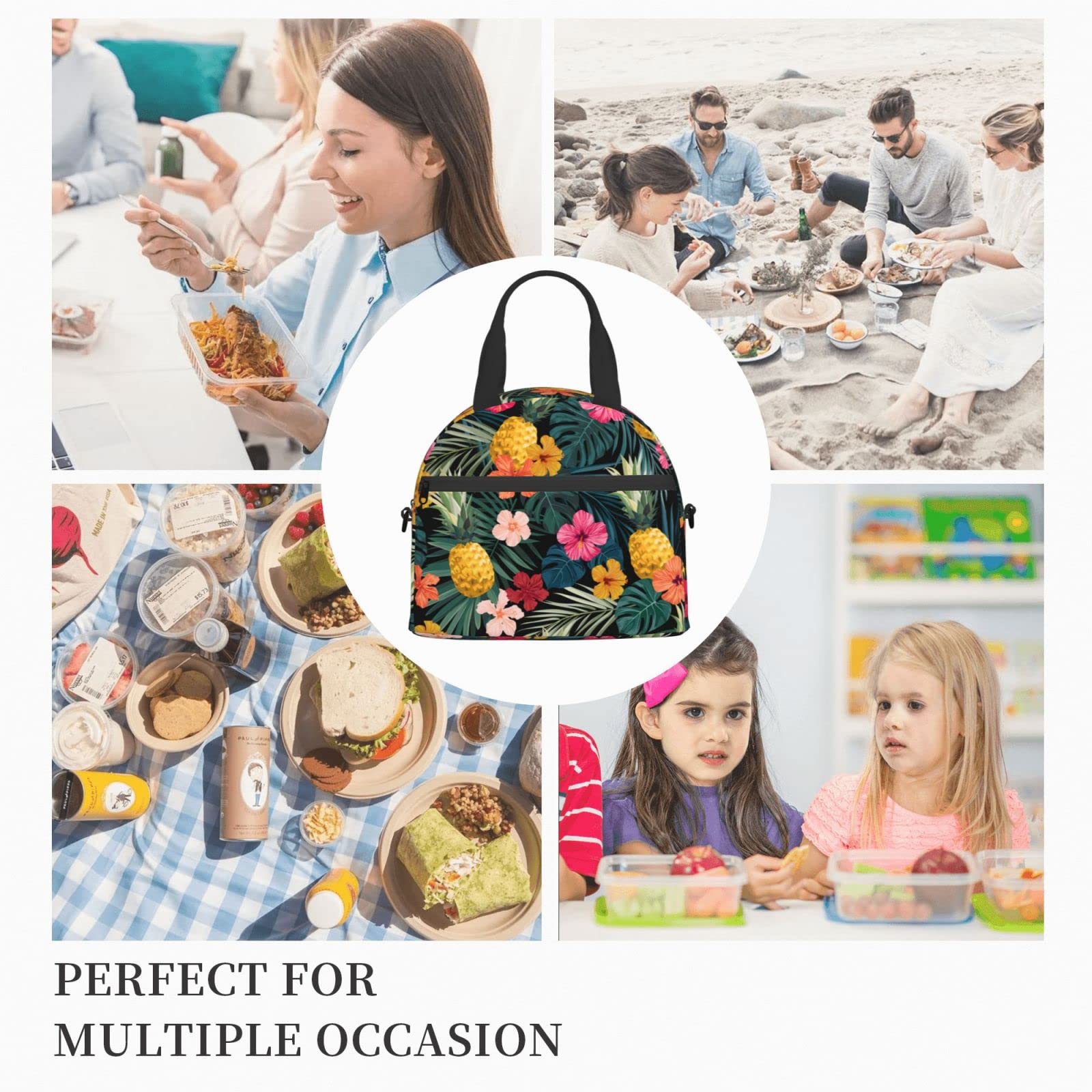 Palm Leaves Hibiscus Flowers Lunch Bag Tropical Pineapples Fruit Reusable Insulated Lunch Tote Bag Lunchbox Container With Adjustable Shoulder Strap For Office Work School Picnic Travel