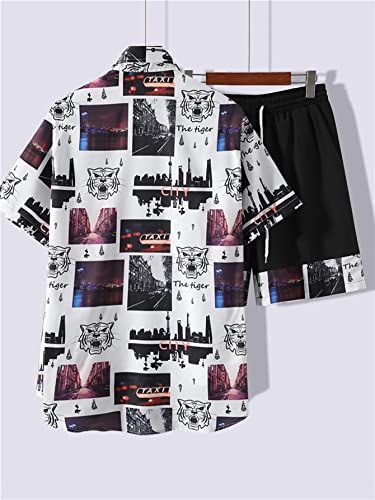 SHENHE Men's 2 Piece Outfits Graphic Button Up Short Sleeve Patchwork Shirt and Shorts Set White and Black M